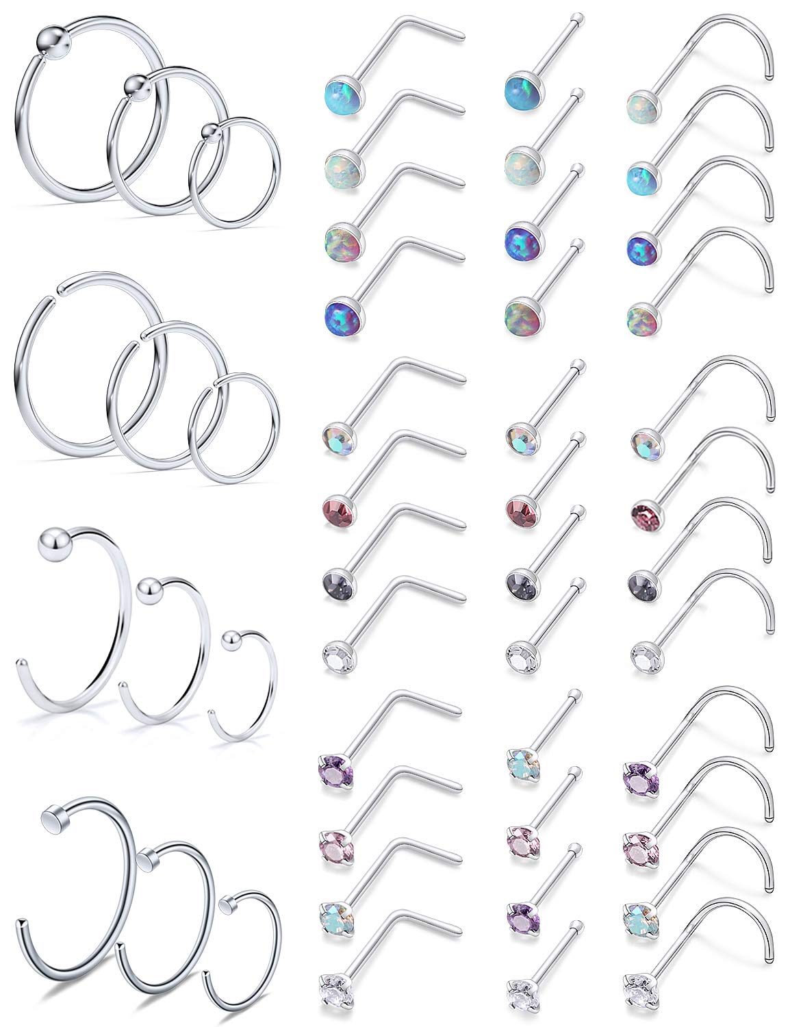 SCERRING 48PCS 22 Gauge Nose Rings Hoop Stainless Steel Bone L Shaped Screw 2mm Opal CZ Nose Studs Cartilage Daith Tragus Ear Piercing Ring Hoop Body Jewelry Set