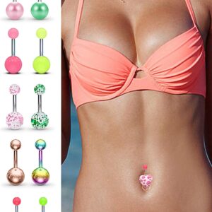 SCERRING Belly Button Rings 14G Stainless Steel Navel Belly Earring Heart Opal Navel Ring Barbell Body Piercing Jewelry 32PCS Mix Color