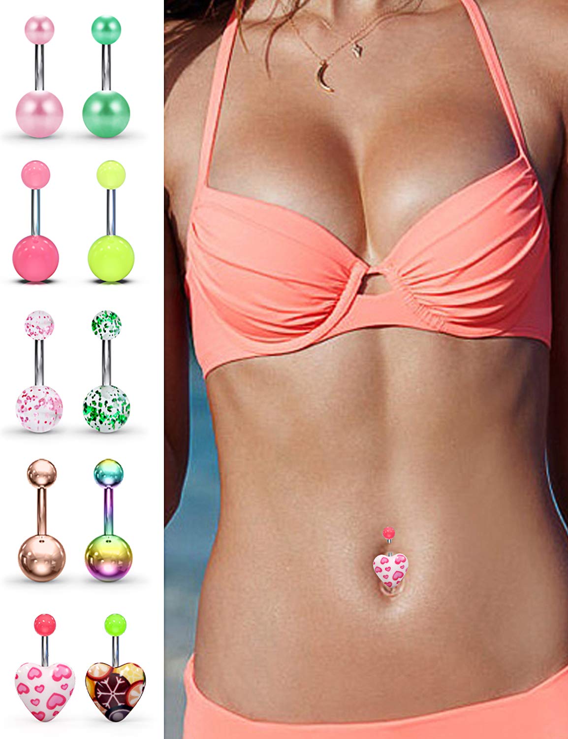 SCERRING Belly Button Rings 14G Stainless Steel Navel Belly Earring Heart Opal Navel Ring Barbell Body Piercing Jewelry 32PCS Mix Color