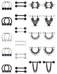 scerring 16g nipple rings 316l stainless steel cz nipplerings shield tongue barbell rings bars body piercing jewelry for women 32pcs black