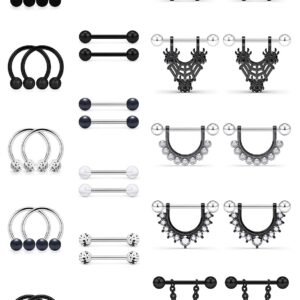 SCERRING 16G Nipple Rings 316L Stainless Steel CZ Nipplerings Shield Tongue Barbell Rings Bars Body Piercing Jewelry for Women 32PCS Black