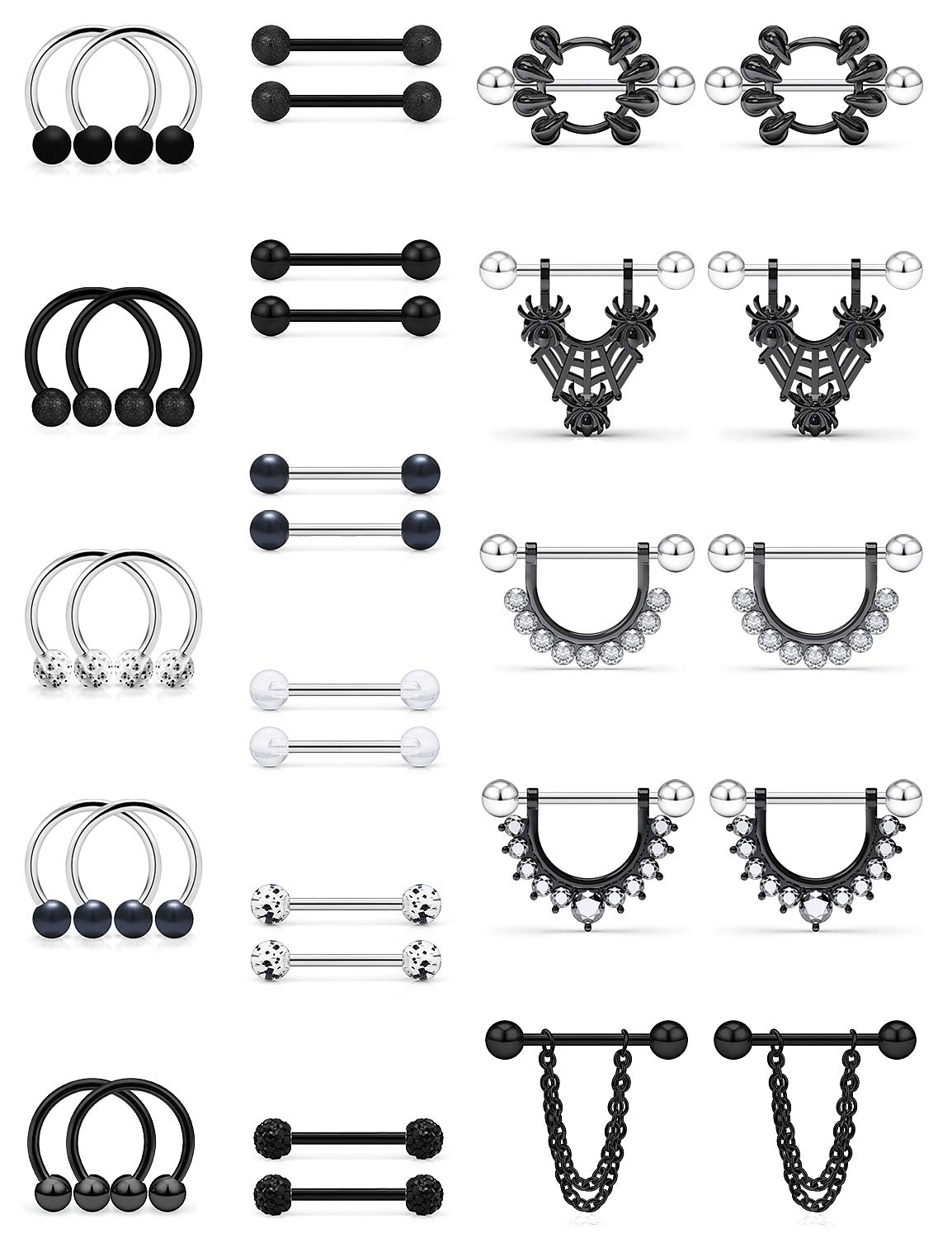 SCERRING 16G Nipple Rings 316L Stainless Steel CZ Nipplerings Shield Tongue Barbell Rings Bars Body Piercing Jewelry for Women 32PCS Black