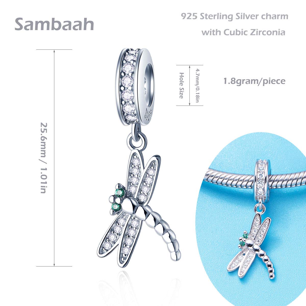 Sambaah Dragonfly Charm Sterling Silver Lucky Dragonfly Charm Pendant Insect Charm Platinum Plating with Cubic Zirconia for Women Bracelets Necklaces