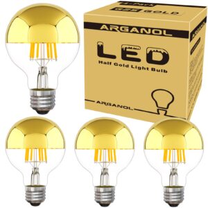 arganol half gold light bulb 6w (60 watt equivalent), dimmable gold tipped light bulb, g25/ g80 globe shape 2700k warm white decorative led edison bulb, e26 base pack of 4