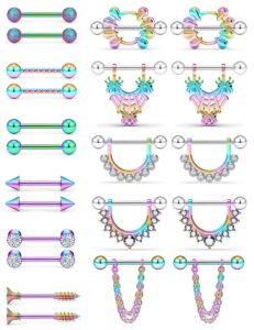 scerring 14g nipple rings stainless steel nipplerings cz tongue shield barbell rings retainer body piercing jewelry for women 9/16inch 11 pairs rainbow