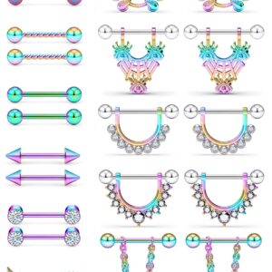 SCERRING 14G Nipple Rings Stainless Steel Nipplerings CZ Tongue Shield Barbell Rings Retainer Body Piercing Jewelry for Women 9/16Inch 11 Pairs Rainbow