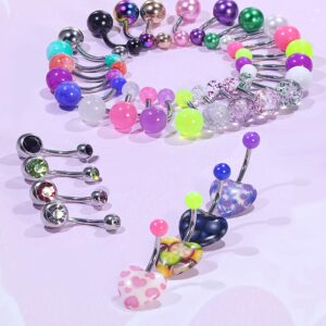 SCERRING Belly Button Rings 14G Stainless Steel Navel Belly Earring Heart Opal Navel Ring Barbell Body Piercing Jewelry 32PCS Mix Color