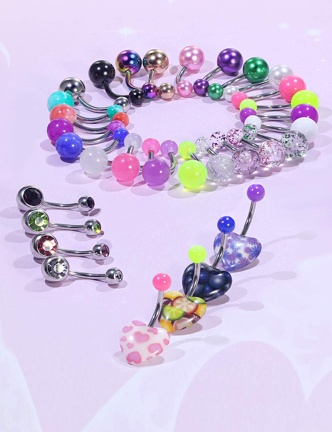 SCERRING Belly Button Rings 14G Stainless Steel Navel Belly Earring Heart Opal Navel Ring Barbell Body Piercing Jewelry 32PCS Mix Color