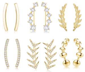 loyallook 6 pairs ear cuffs hoop climber earrings for women cz leaf crawler stud earring ball arrow cuff earrings set, gold