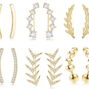 LOYALLOOK 6 Pairs Ear Cuffs Hoop Climber Earrings for Women CZ Leaf Crawler Stud Earring Ball Arrow Cuff Earrings Set, Gold