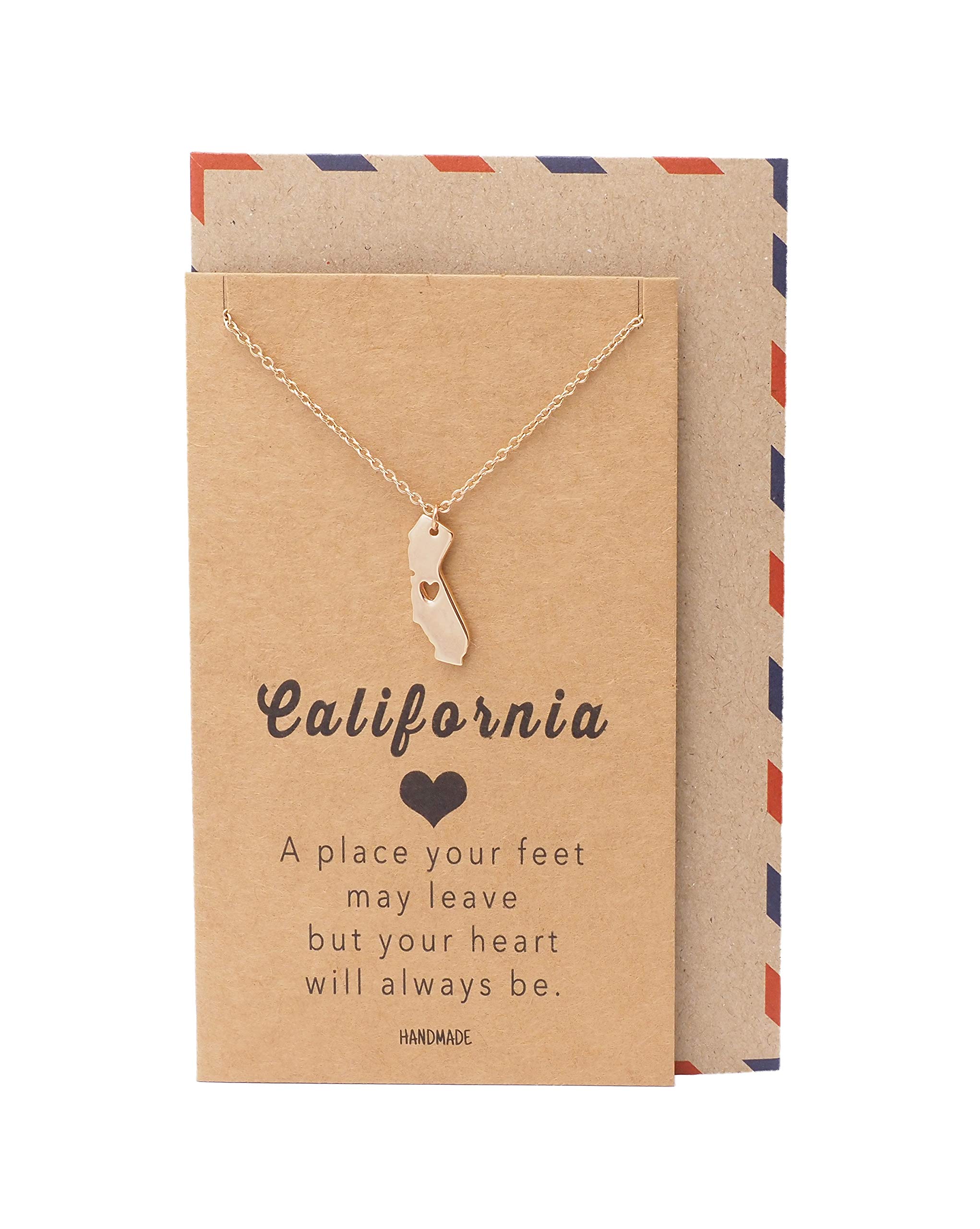 quan jewelry California State Necklace, Handmade California Map Pendant Charm, Inspirational Necklace with Greeting Card (Rose Gold Tone)