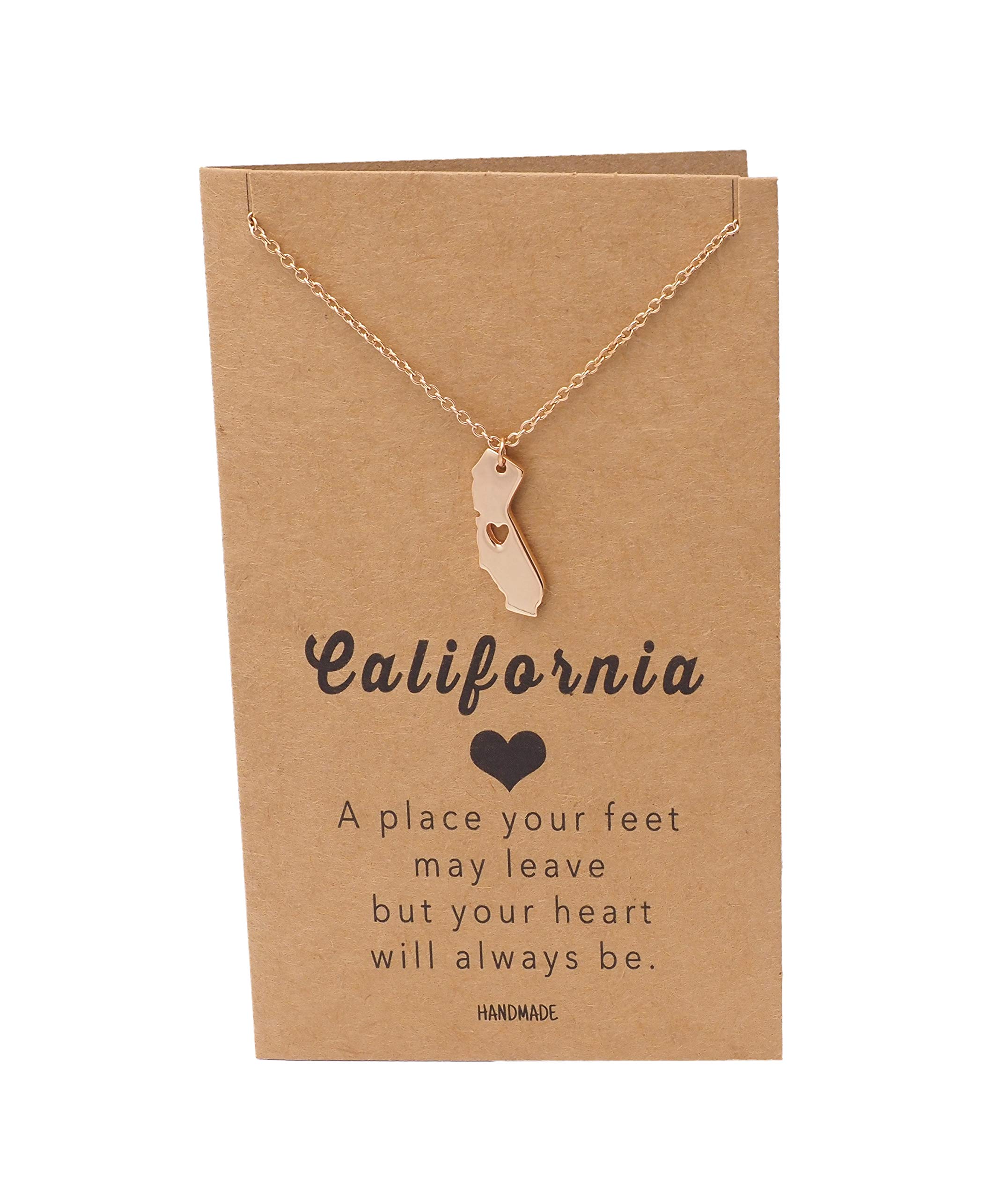 quan jewelry California State Necklace, Handmade California Map Pendant Charm, Inspirational Necklace with Greeting Card (Rose Gold Tone)