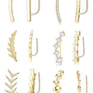 LOYALLOOK 6 Pairs Ear Cuffs Hoop Climber Earrings for Women CZ Leaf Crawler Stud Earring Ball Arrow Cuff Earrings Set, Gold