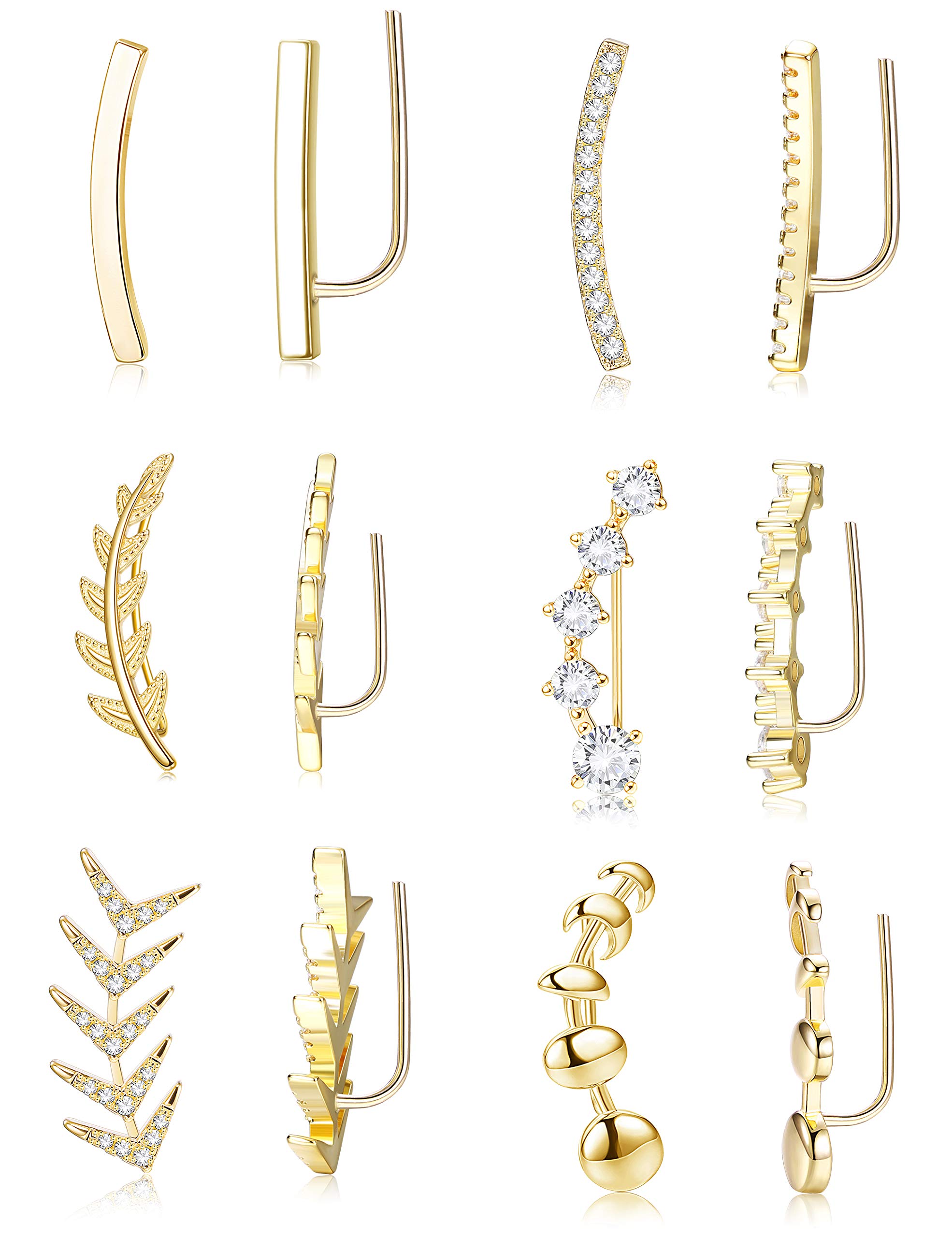 LOYALLOOK 6 Pairs Ear Cuffs Hoop Climber Earrings for Women CZ Leaf Crawler Stud Earring Ball Arrow Cuff Earrings Set, Gold