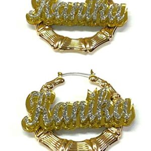 Personalized Custom Gold Hoop Bamboo Earrings Name Plate Laser Cut Design Stunning Look - Quality, Attractive Gold Bamboo Earrings, Made To Order 1.5-3.5 INCHES sizes