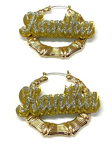 Personalized Custom Gold Hoop Bamboo Earrings Name Plate Laser Cut Design Stunning Look - Quality, Attractive Gold Bamboo Earrings, Made To Order 1.5-3.5 INCHES sizes