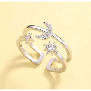 Tafeily 925 Sterling Silver CZ Sun Moon Star Rings for Women and Girls Men Open Rings Adjustable Rings