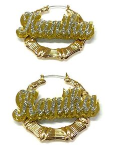 personalized custom gold hoop bamboo earrings name plate laser cut design stunning look - quality, attractive gold bamboo earrings, made to order 1.5-3.5 inches sizes