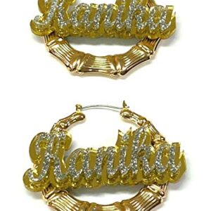 Personalized Custom Gold Hoop Bamboo Earrings Name Plate Laser Cut Design Stunning Look - Quality, Attractive Gold Bamboo Earrings, Made To Order 1.5-3.5 INCHES sizes