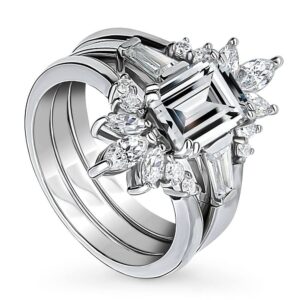 berricle sterling silver 3-stone wedding engagement rings emerald cut cubic zirconia cz 7-stone ring set for women, rhodium plated size 5.5