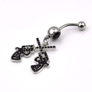 Kinsing Black Glitter Gun Dangle Belly Button Ring 14G Navel Rings 316L Surgical Steel CZ Belly Piercing Jewelry (Gun Skull)