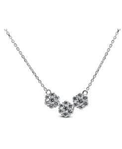 oro leoni womens 925 sterling silver rhodium plated swarowski zirconia three flower pendant 18" necklace. twenty one round diamond cut gemstones totaling a weight of 3.00 carats.