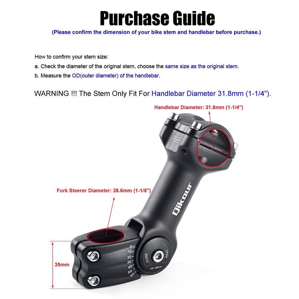 Bike Stem Adjustable 60 Degree 31.8mm (1-1/4") / 25.4mm (1") Handlebar Stem for MTB, Road Bike, Fits Standard 28.6mm (1-1/8") Steering Tube (31.8 x 130mm, 31.8mm Handlebar & 28.6mm Steering Tube)