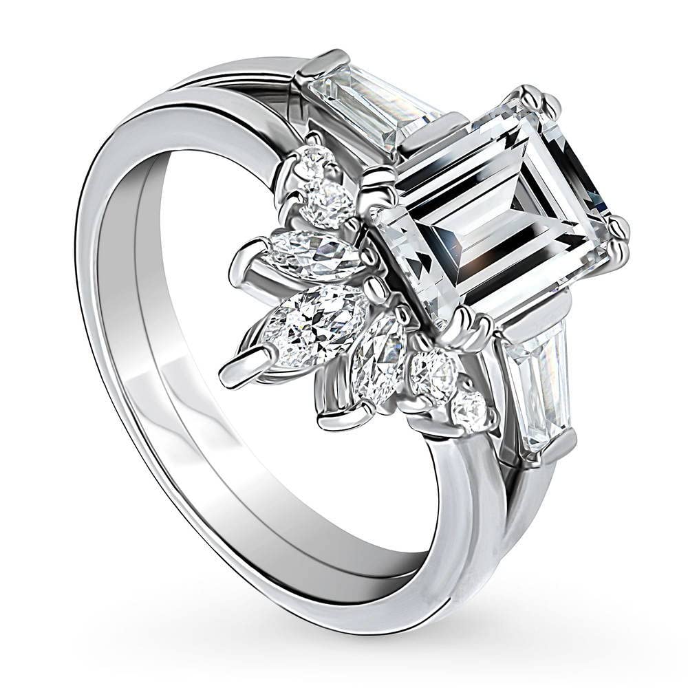 BERRICLE Sterling Silver 3-Stone Wedding Engagement Rings Emerald Cut Cubic Zirconia CZ 7-Stone Ring Set for Women, Rhodium Plated Size 6