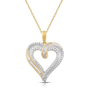 jewelili 10k yellow gold heart shape pendant necklace with natural white round and baguette diamonds, 1/4 cttw, 18" rope chain