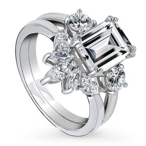 berricle sterling silver 3-stone wedding engagement rings emerald cut cubic zirconia cz 7-stone ring set for women, rhodium plated size 8