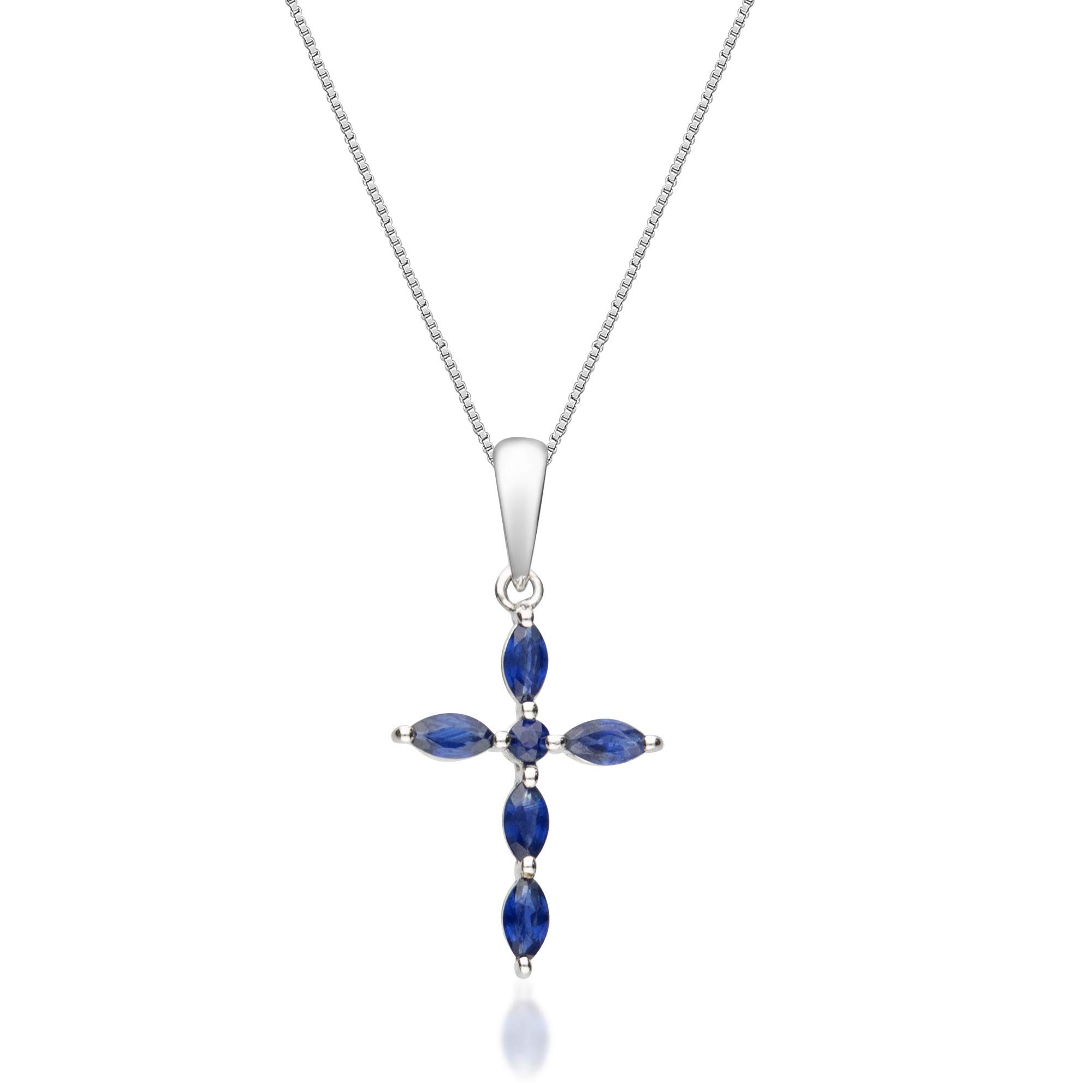 Gin & Grace 10K White Gold Cross Pendant Genuine Blue Sapphire Diamond (I1,I2) Pendant for Women