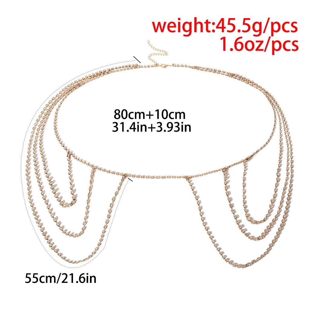 Dresbe Boho Layered Shoulder Chain Gold Rhinestone Body Chains Party Body Jewelry Accessories for Women and Girls