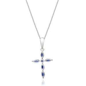 Gin & Grace 10K White Gold Cross Pendant Genuine Blue Sapphire Diamond (I1,I2) Pendant for Women