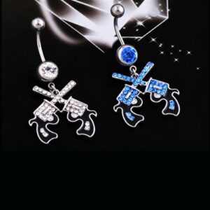 Kinsing Black Glitter Gun Dangle Belly Button Ring 14G Navel Rings 316L Surgical Steel CZ Belly Piercing Jewelry (Gun Skull)