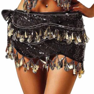 kakaco women belly dance skirt sequin wrap skirts rave hip scarf skirt costume (black)