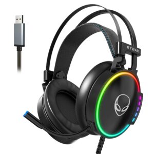 etwar eg100 usb gaming headset for pc, computer headphones with microphone/mic noise cancelling, video gaming headset usb, rgb flowing light - wired headphones for ps4, ps5, laptop, call center