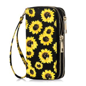 hawee cellphone wallet for women dual zipper long purse with removable wristlet, sunflower