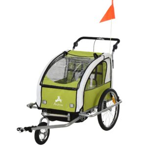 aosom elite 360 swivel bike trailer for kids double child two-wheel bicycle cargo trailer with 2 security harnesses, green