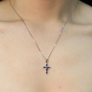 Gin & Grace 10K White Gold Cross Pendant Genuine Blue Sapphire Diamond (I1,I2) Pendant for Women