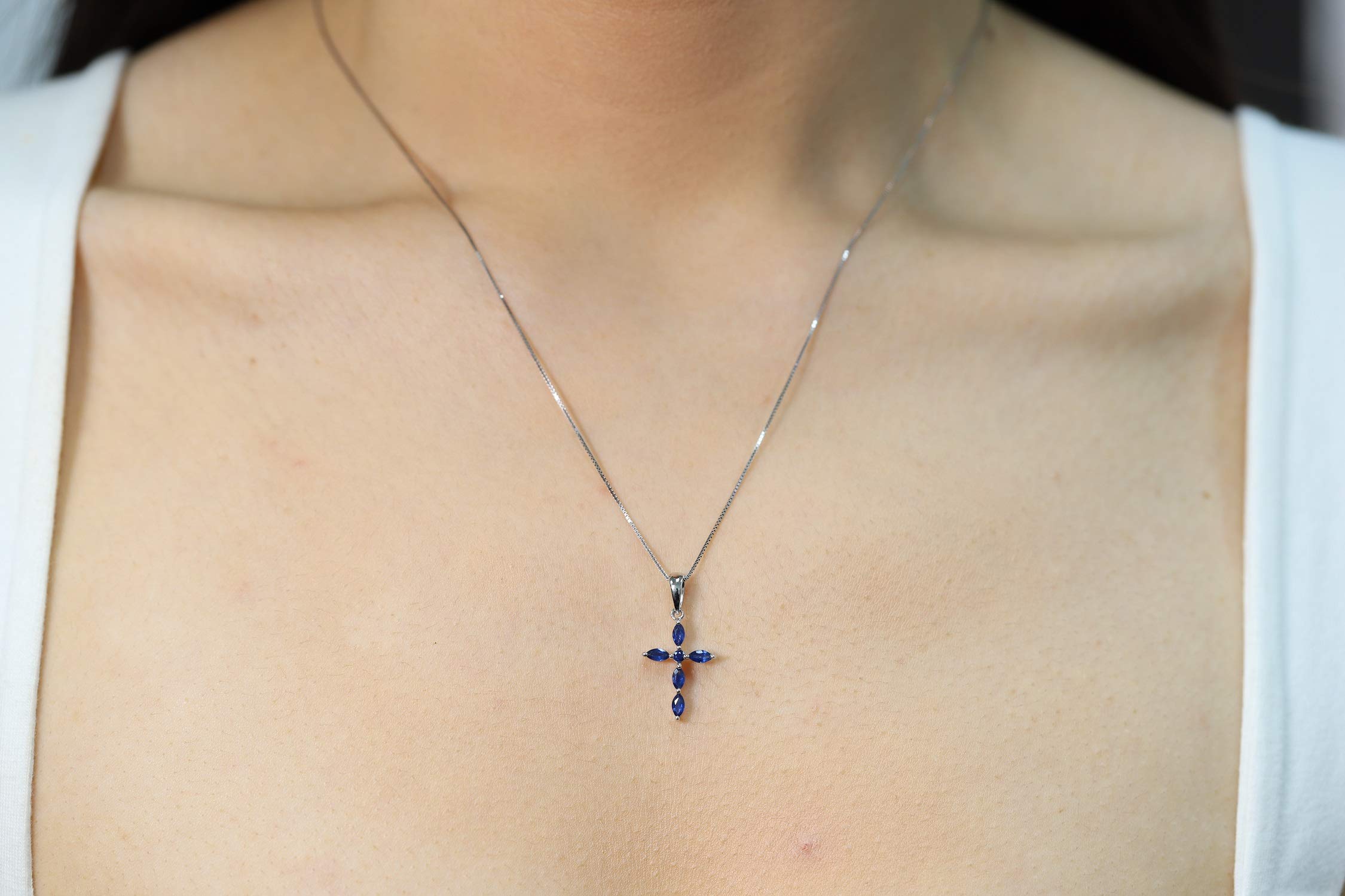 Gin & Grace 10K White Gold Cross Pendant Genuine Blue Sapphire Diamond (I1,I2) Pendant for Women