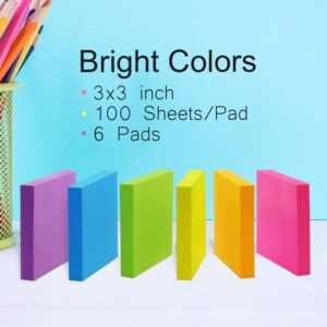 Sticky Notes 3x3 Self-Stick Notes Pads with 6 Bright Colors, Easy to Post for Office, Shool, Home, 6 Pads/Pack, 100 Sheets/Pad(Standard)