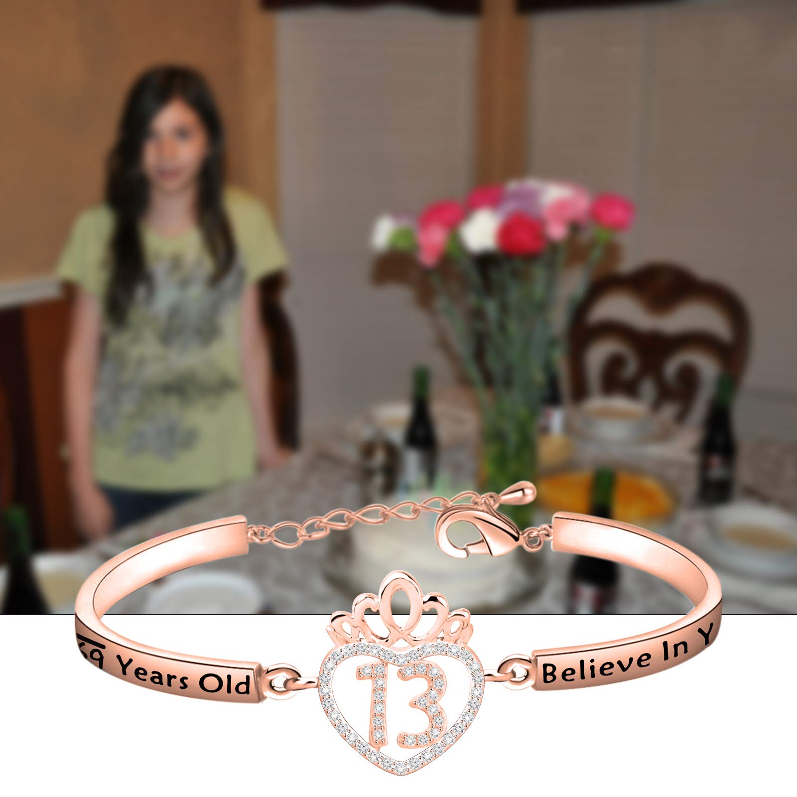 FEELMEM Birthday Gifts Bracelet 12th 13th 16th 18th 30th 40th Crown Queen Charm Bracelet Birthday Gift for Daughter Niece (13th-Rose gold)