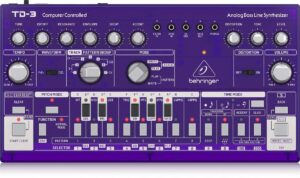 behringer td-3-gp analog bass line synthesizer with vco, vcf, 16-step sequencer, distortion effects and 16-voice poly chain