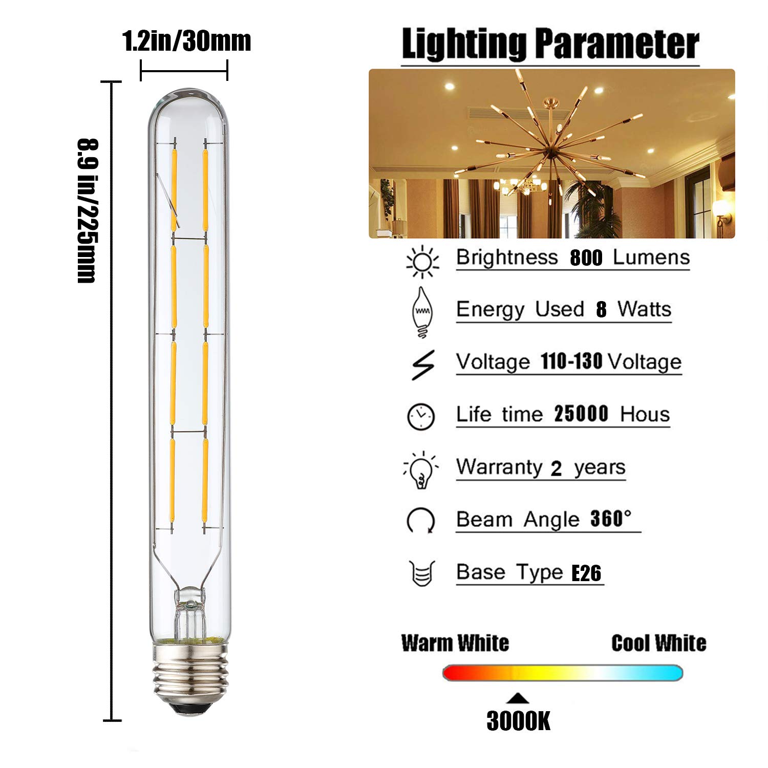 XININSUN T10 Led Bulb, 8.9 Inch Long Tubular Led Light Bulbs, 80Watt Equivalent, 800lm, Dimmable, Clear Glass, E26 8W LED Edison Tube Lamp Bulb,4 Pack. (Soft White-3000K)