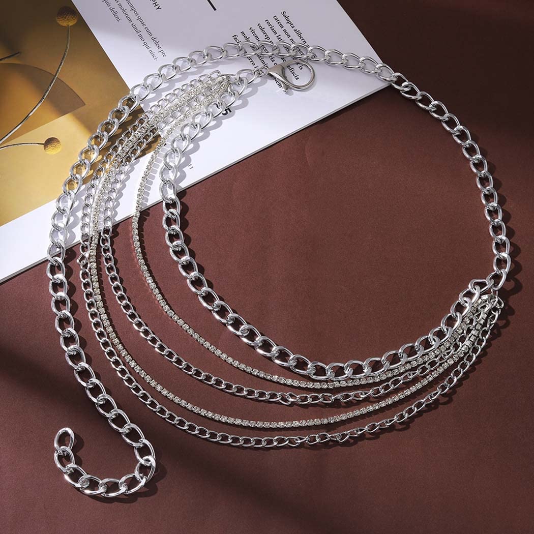 Dresbe Boho Layered Body Chain Silver Rhinestones Belly Waist Chain Party Body Jewelry Accessories for Women and Girls