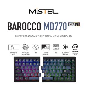 Mistel BAROCCO MD770 RGB Wireless Split Mechanical Keyboard, TKL Ergonomic Gaming Keyboard 85 Keys (Cherry MX Brown Switches, Tactile Light-Clicky)