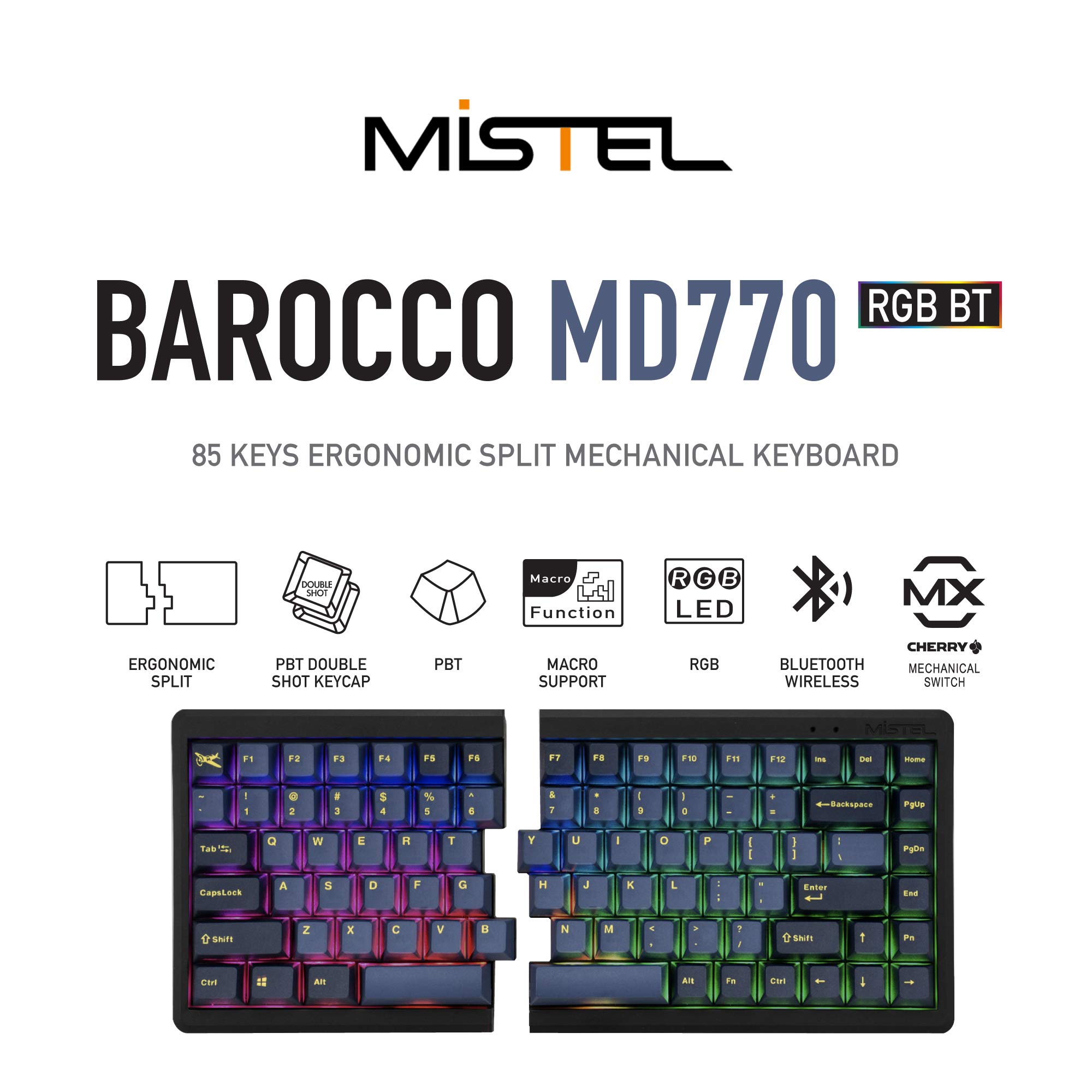 Mistel BAROCCO MD770 RGB Wireless Split Mechanical Keyboard, TKL Ergonomic Gaming Keyboard 85 Keys (Cherry MX Brown Switches, Tactile Light-Clicky)