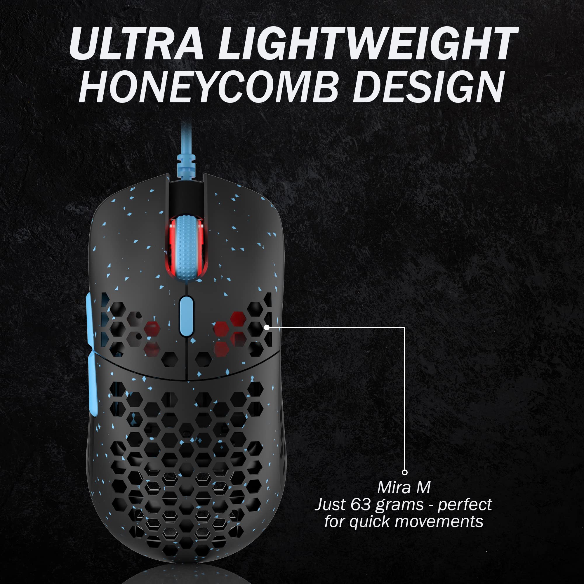 HK Gaming Mira M Ultra Lightweight RGB Gaming Mouse | Honeycomb Shell | 63 Grams | max 12000 cpi | USB Wired | 6 programmable Buttons | On-Board Memory | Anti Slip Grips | Mira-M Blue Phantom