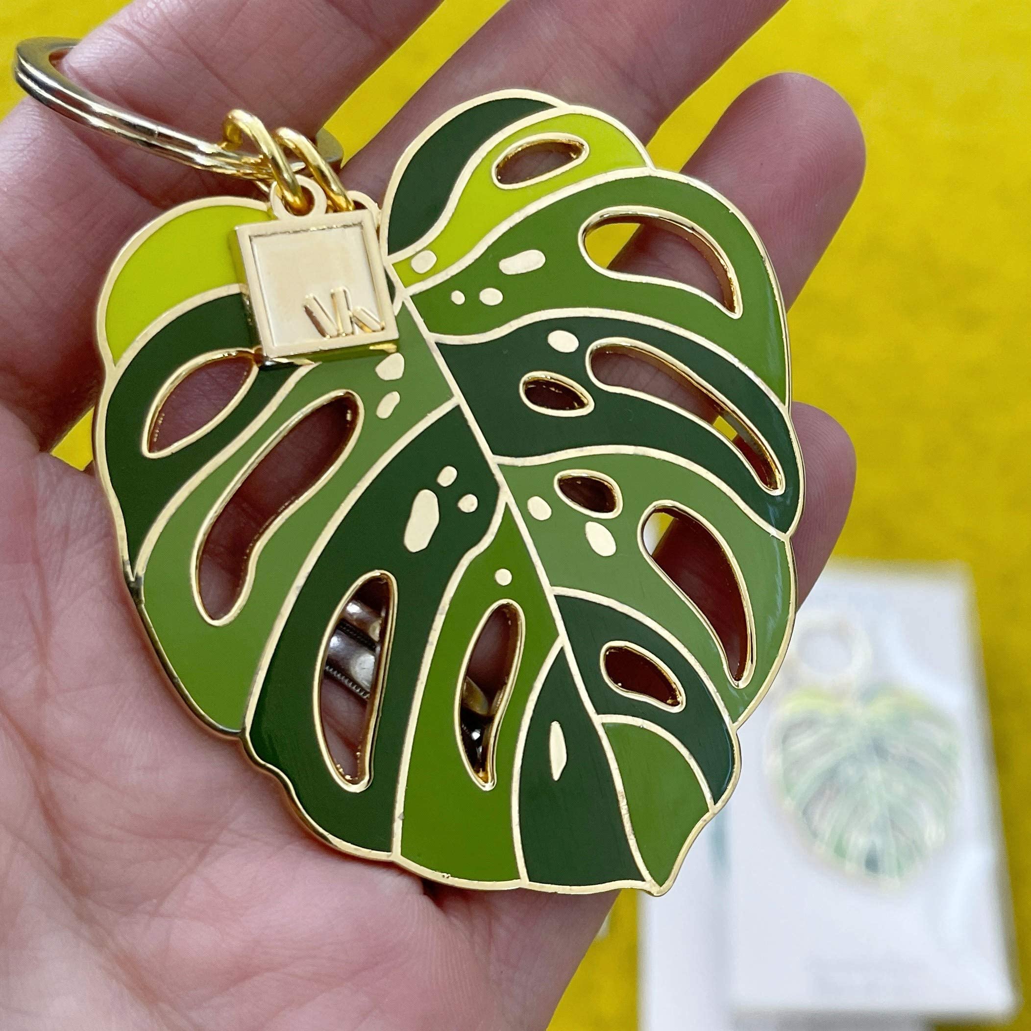 ArtAK Plant Keychains for Women Cute Keychain Key Chain Plant Lover Gifts Plant Lady (Gold Monstera)