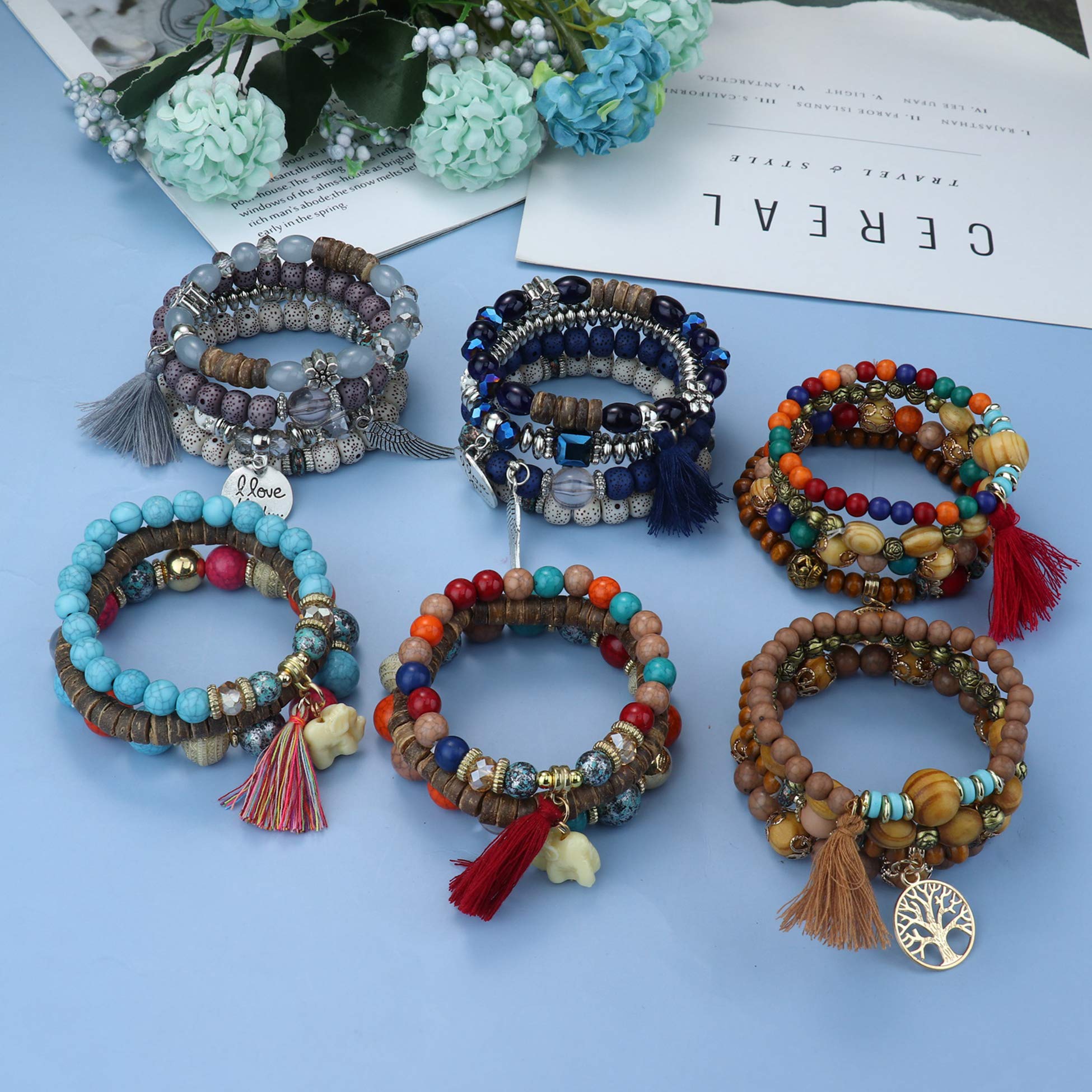 YADOCA 6 Sets Bohemian Wood Beaded Bracelets Set for Women Multilayer Stretch Tassel Bracelets Set Elephant Charm Love Statement Bangles